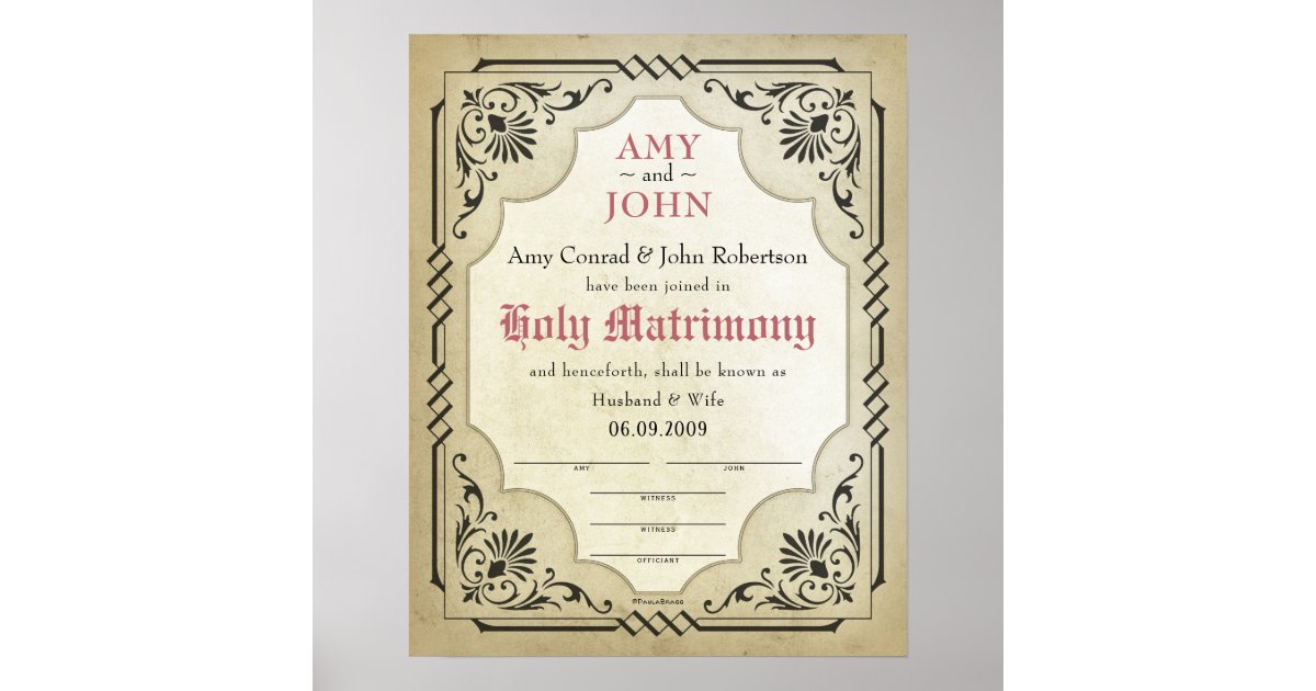 Holy Matrimony Husband Wife Wedding Certificate Poster | Zazzle