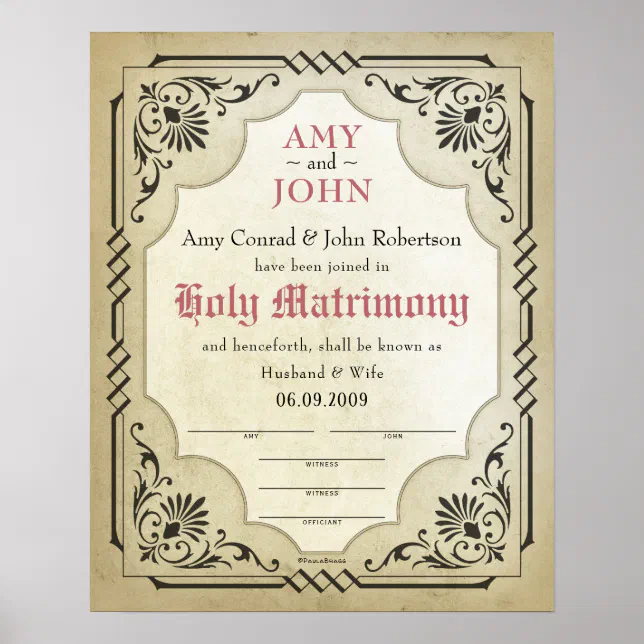Holy Matrimony Husband Wife Wedding Certificate Poster | Zazzle