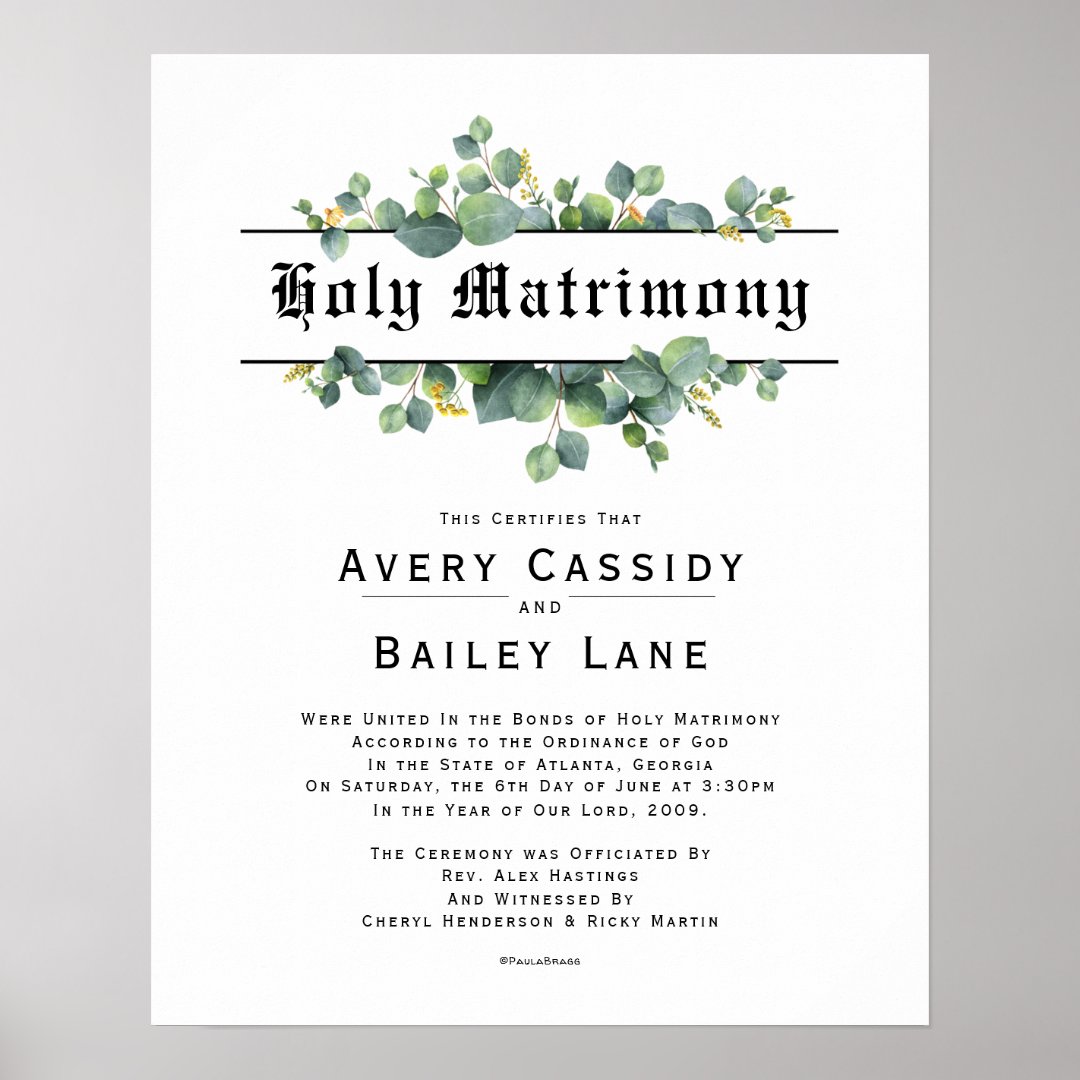 Holy Matrimony ♥ Wedding Certificate Poster | Zazzle