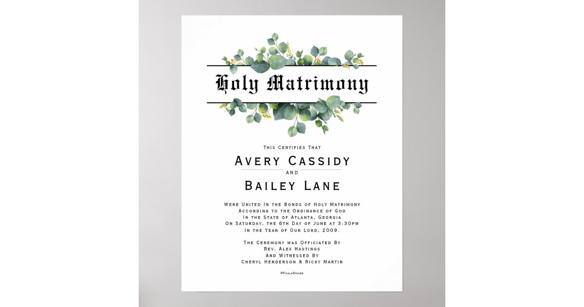 Holy Matrimony ♥ Wedding Certificate Poster | Zazzle