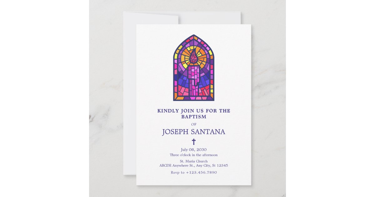 Holy Purple mosaic candle Baptism Invitation | Zazzle