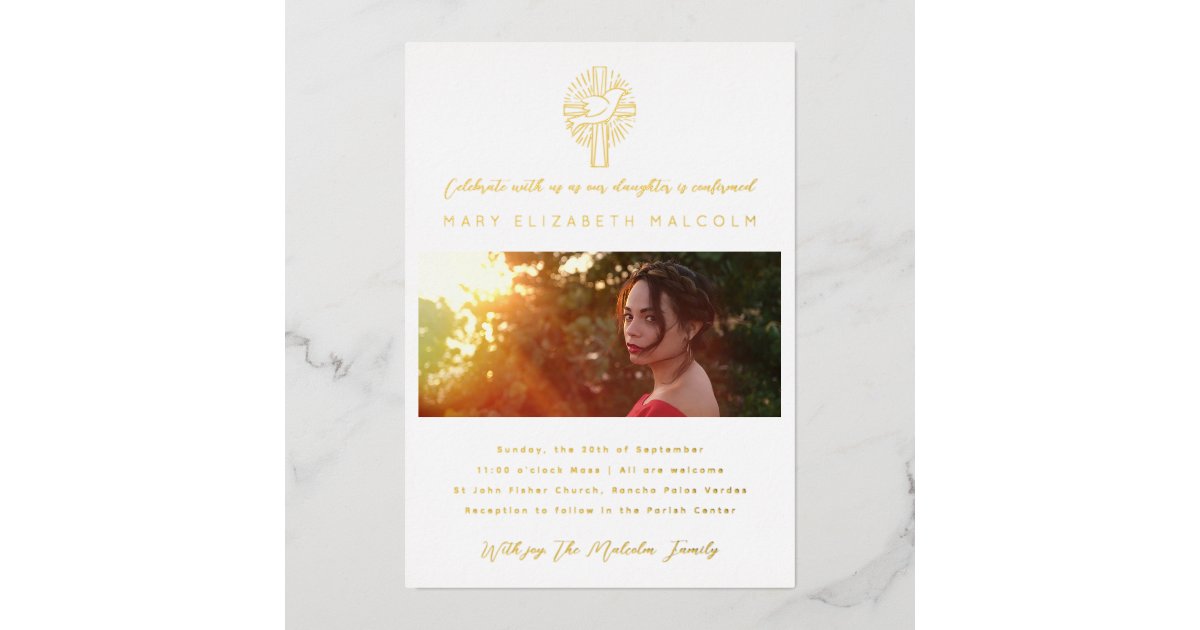 Holy Spirit Dove Cross Photo Confirmation Gold Foil Invitation | Zazzle