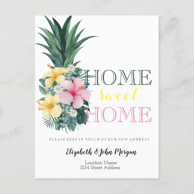 Home Sweet Home, Pineapple Floral New Address Announcement Postcard ...