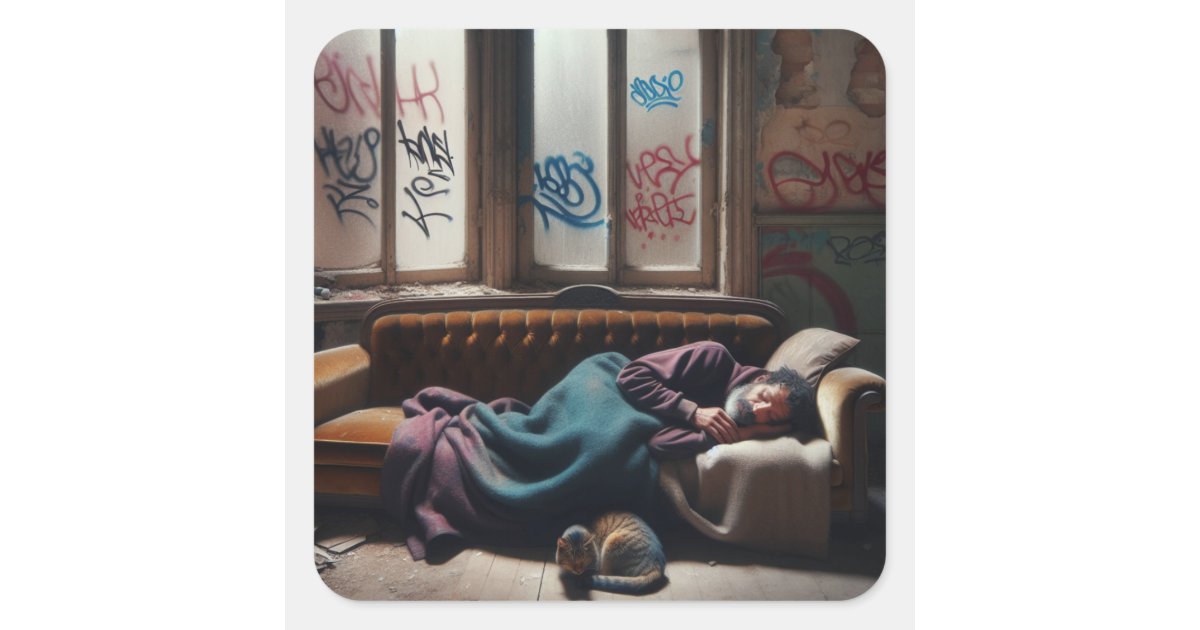 Homeless Man Sleeping in Abandoned Building Square Sticker | Zazzle