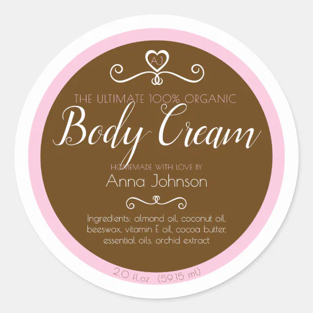 Homemade body cream ingredients pink brown white classic round sticker ...