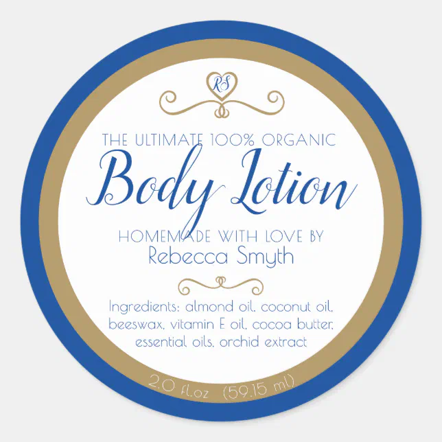 Homemade body lotion ingredients blue gold label | Zazzle