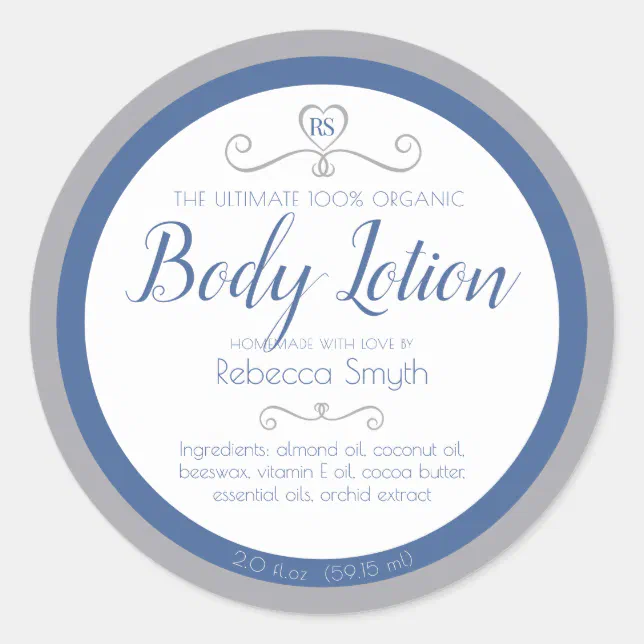 Homemade body lotion ingredients blue silver label | Zazzle