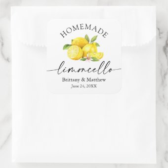 Homemade Limoncello Calligraphy Watercolor Lemons Square Sticker | Zazzle