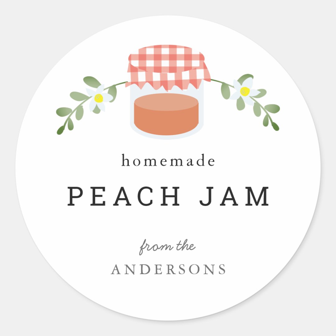 Homemade Peach Jam Jar Floral White Classic Round Sticker | Zazzle