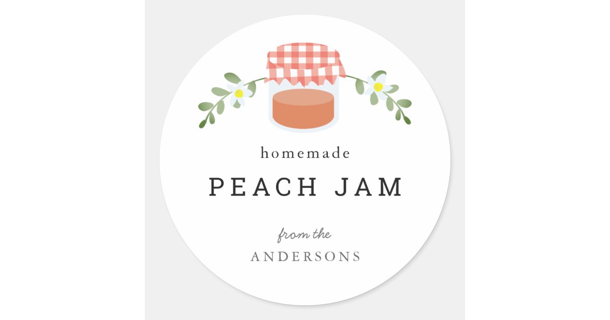 Homemade Peach Jam Jar Floral White Classic Round Sticker | Zazzle