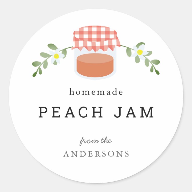 Homemade Peach Jam Jar Floral White Classic Round Sticker | Zazzle