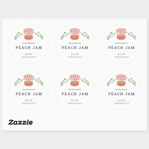 Homemade Peach Jam Jar Floral White Classic Round Sticker | Zazzle