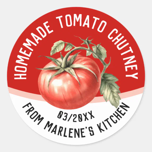 Homemade tomato chutney with red tomato classic round sticker | Zazzle