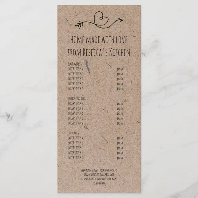 Homemade With Love Bakery Price List & Menu | Zazzle