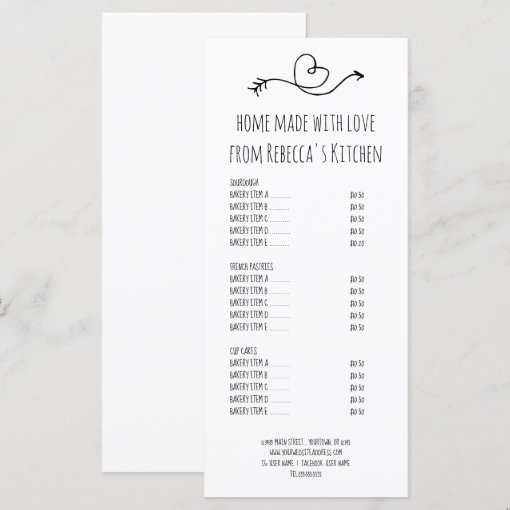 Homemade With Love Bakery Price List & Menu | Zazzle