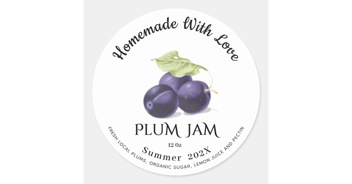 Homemade With Love PLUM Jam Summer 202X Classic Round Sticker | Zazzle