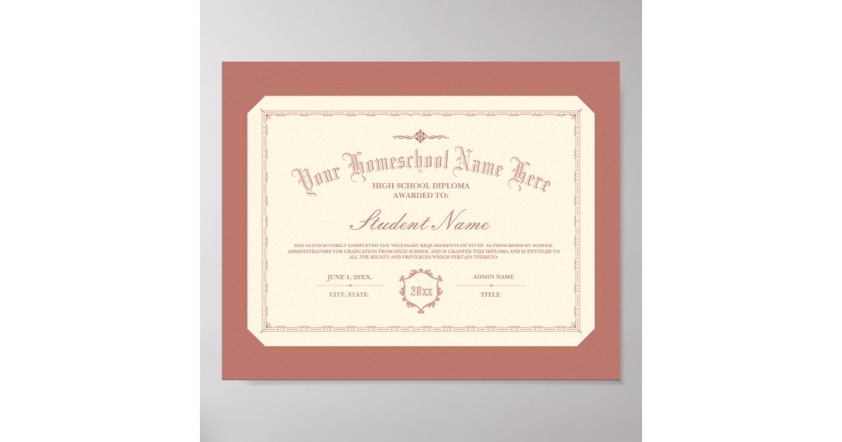 Homeschool Diploma Traditional Soft Red Poster | Zazzle
