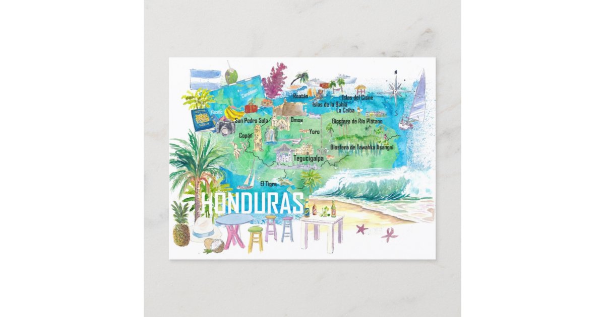 Honduras Illustrated Travel Map with Roads Postcard | Zazzle