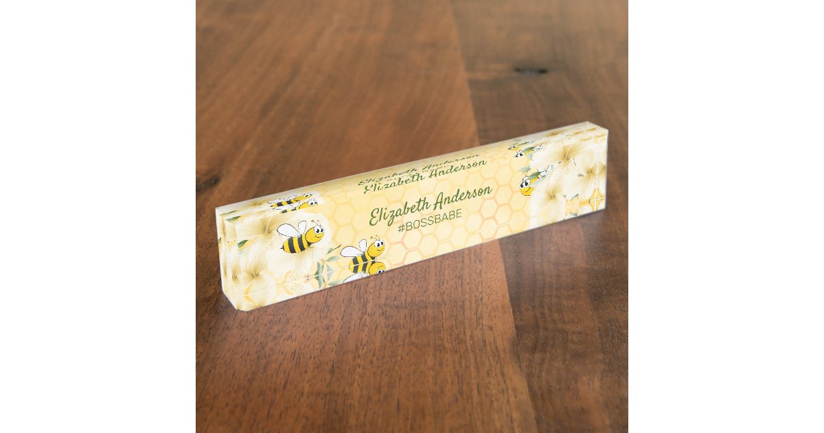 Honecomb happy bumble bees florals boss babe fun desk name plate | Zazzle