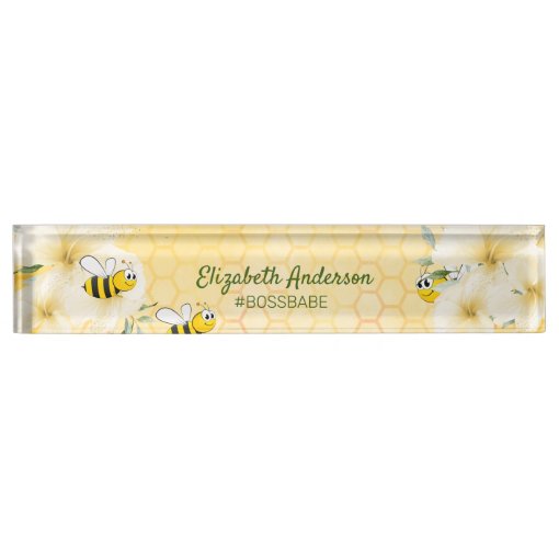 Honecomb happy bumble bees florals boss babe fun desk name plate | Zazzle