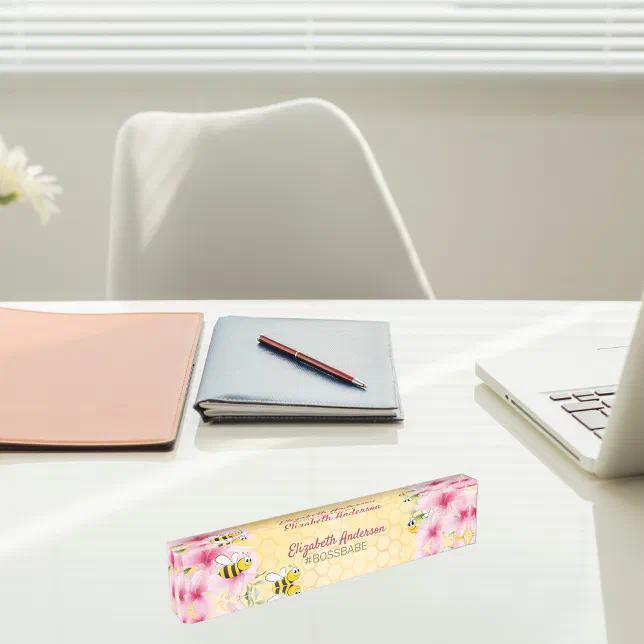Honecomb happy bumble bees pink florals boss babe desk name plate | Zazzle