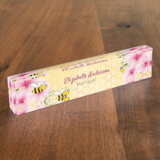Honecomb happy bumble bees pink florals desk name plate | Zazzle.com