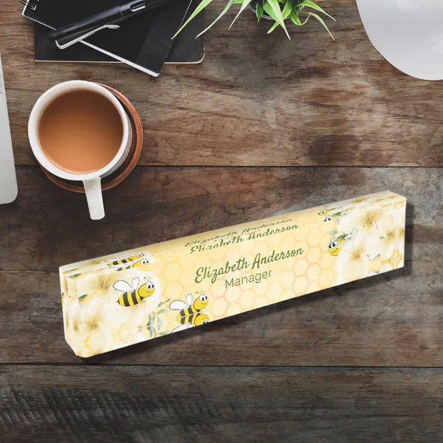 Honecomb happy bumble bees tropical florals desk name plate | Zazzle