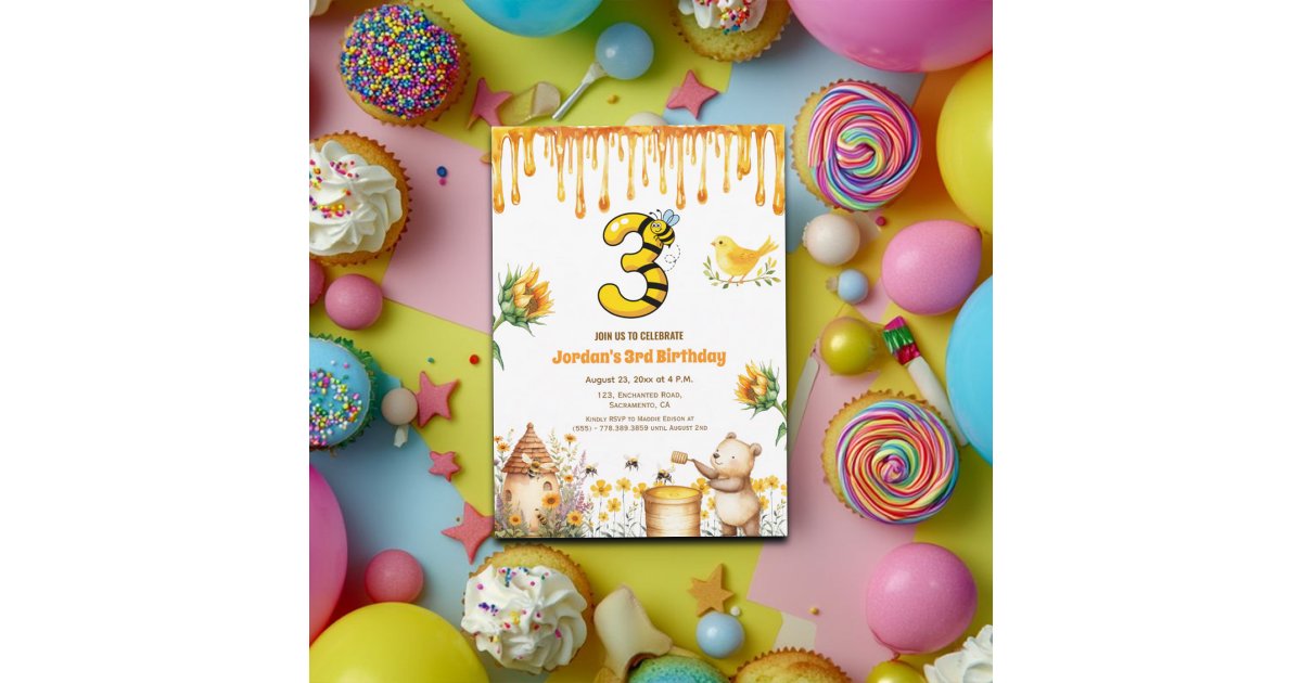 Honey Bear 3rd Birthday Party Invitation | Zazzle