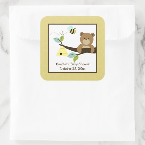 Honey Bear and Bee Square Favor Stickers (6 Large) | Zazzle