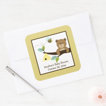 Honey Bear and Bee Square Favor Stickers (6 Large) | Zazzle