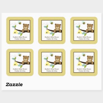Honey Bear and Bee Square Favor Stickers (6 Large) | Zazzle