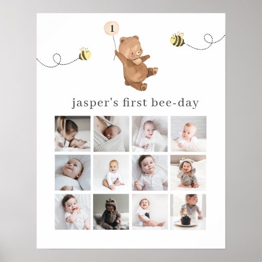 Honey Bear First Bee-Day Photo Collage Poster | Zazzle