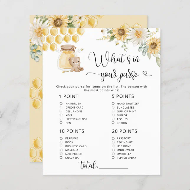 Honey bear whats in your purse baby shower game | Zazzle