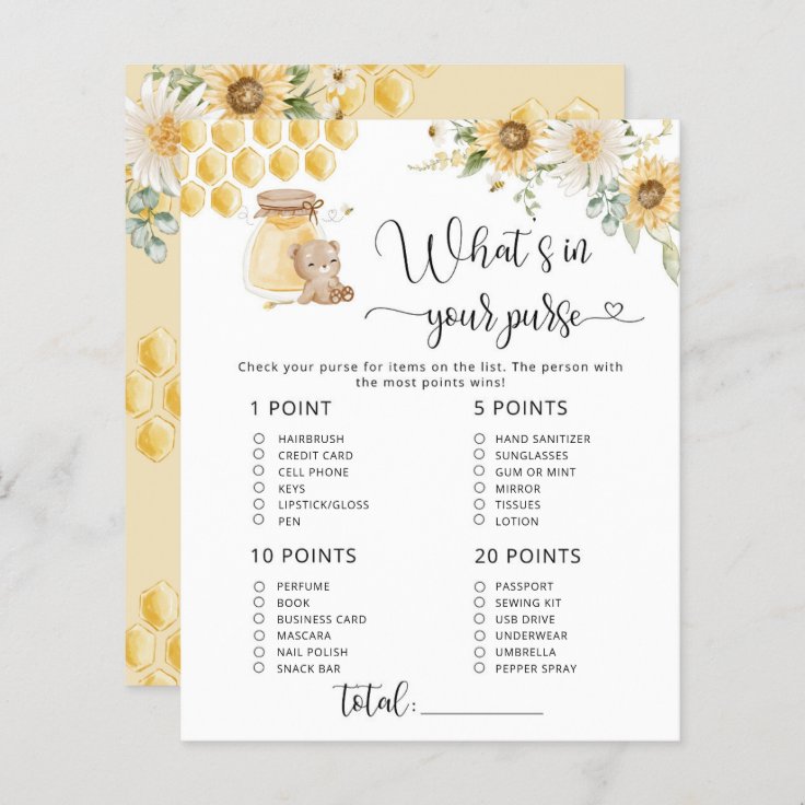 Honey bear whats in your purse baby shower game | Zazzle