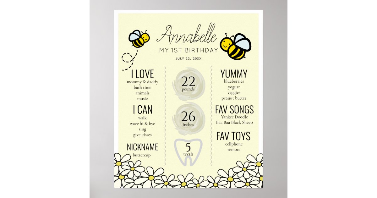 Honey Bee1st Birthday Milestone Poster | Zazzle