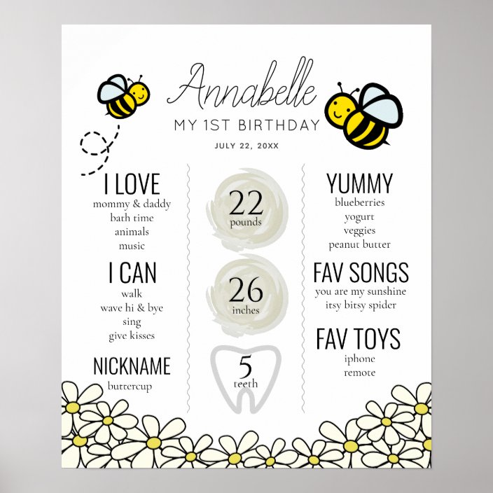 Honey Bee1st Birthday Milestone White Poster | Zazzle.com