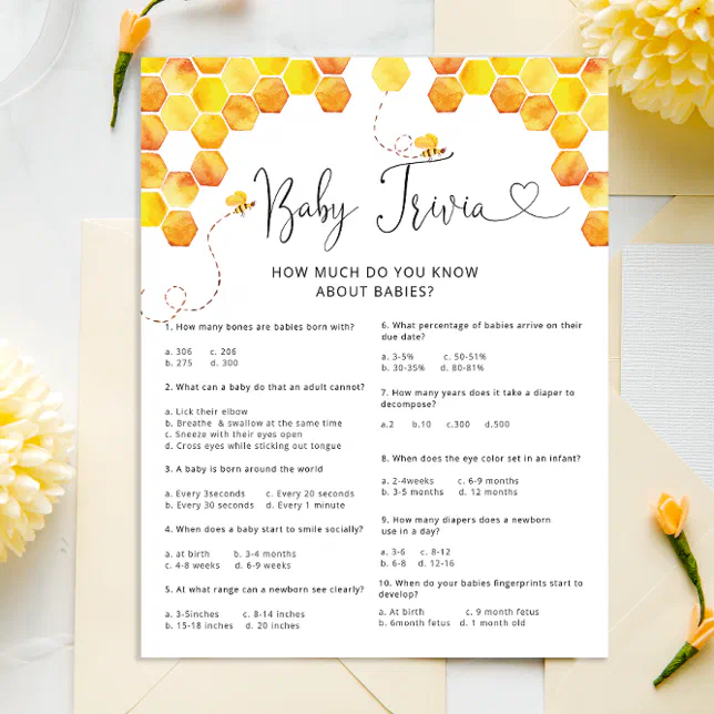 Honey Bee Baby Shower Trivia Game | Zazzle