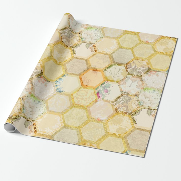 Honey Bee Floral Honeycomb Beehive Wrapping Paper | Zazzle