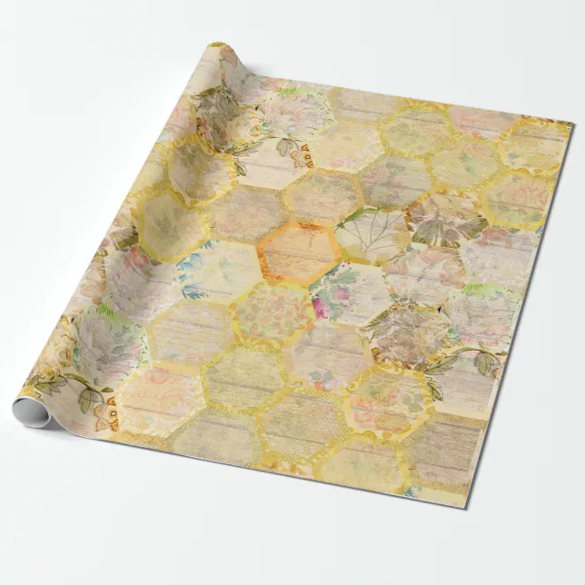 Honey Bee Floral Honeycomb Beehive Wrapping Paper | Zazzle