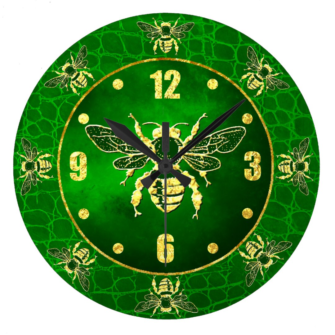 Honey Bee in Gold and Green Large Clock | Zazzle