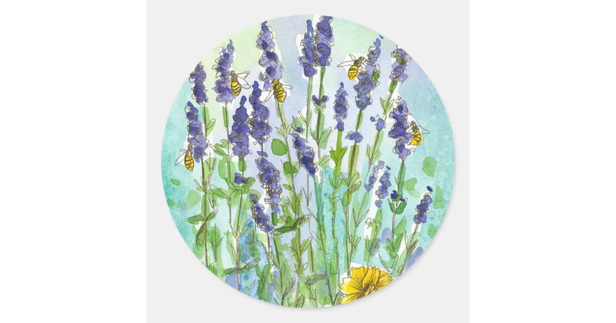 Honey Bee Lavender Herb Watercolor Flowers Classic Round Sticker | Zazzle