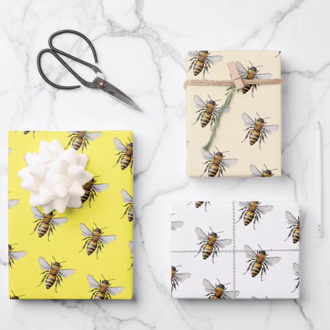 Honey Bee Pattern Yellow White Beige Wrapping Paper Sheets | Zazzle