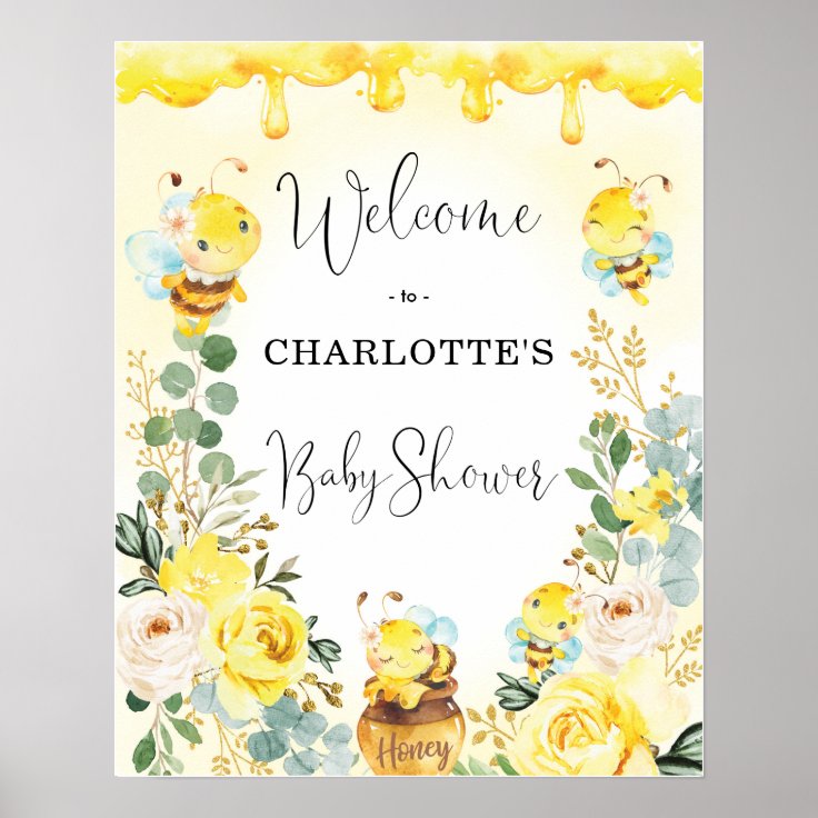 Honey Bee Summer Yellow Floral Baby Shower Welcome Poster | Zazzle
