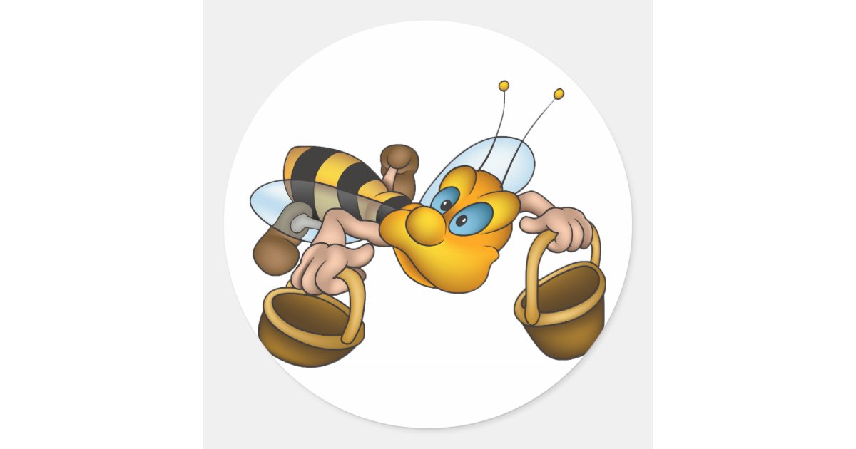 Honey Bee with Baskets Fun Busy Bee Illustration Classic Round Sticker ...