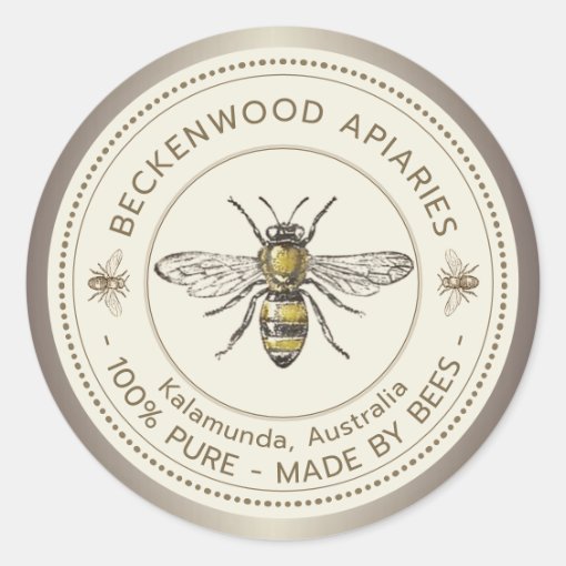 Honey Bee Yellow Beekeeper Apiary Taupe Border Classic Round Sticker ...