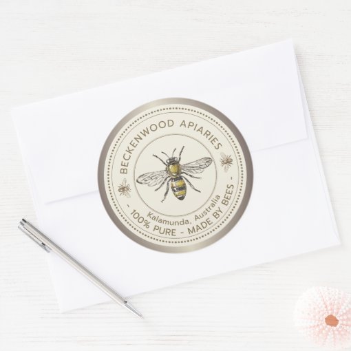 Honey Bee Yellow Beekeeper Apiary Taupe Border Classic Round Sticker ...