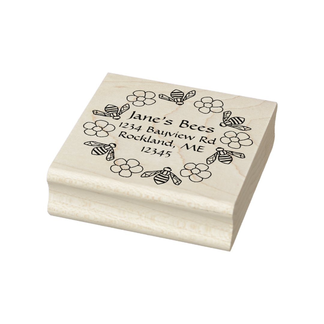 Honey Bees Flowers Custom Name Rubber Stamp | Zazzle