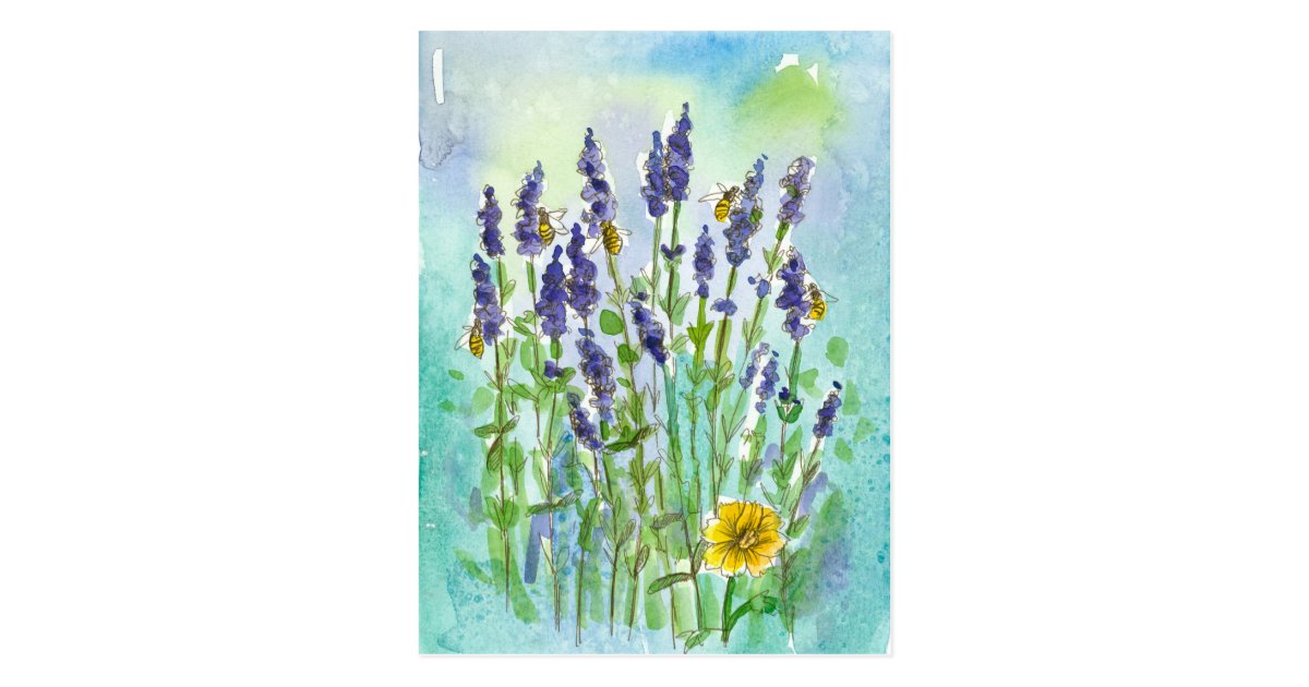 Honey Bees Lavender Watercolor Flowers Postcard | Zazzle.com