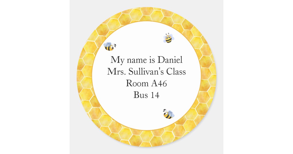 Honey Comb and Bee Nametag Classic Round Sticker | Zazzle