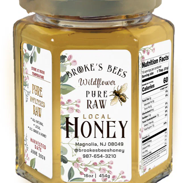 Honey HEX PANEL handpainted bee & flower 16oz JAR Label | Zazzle